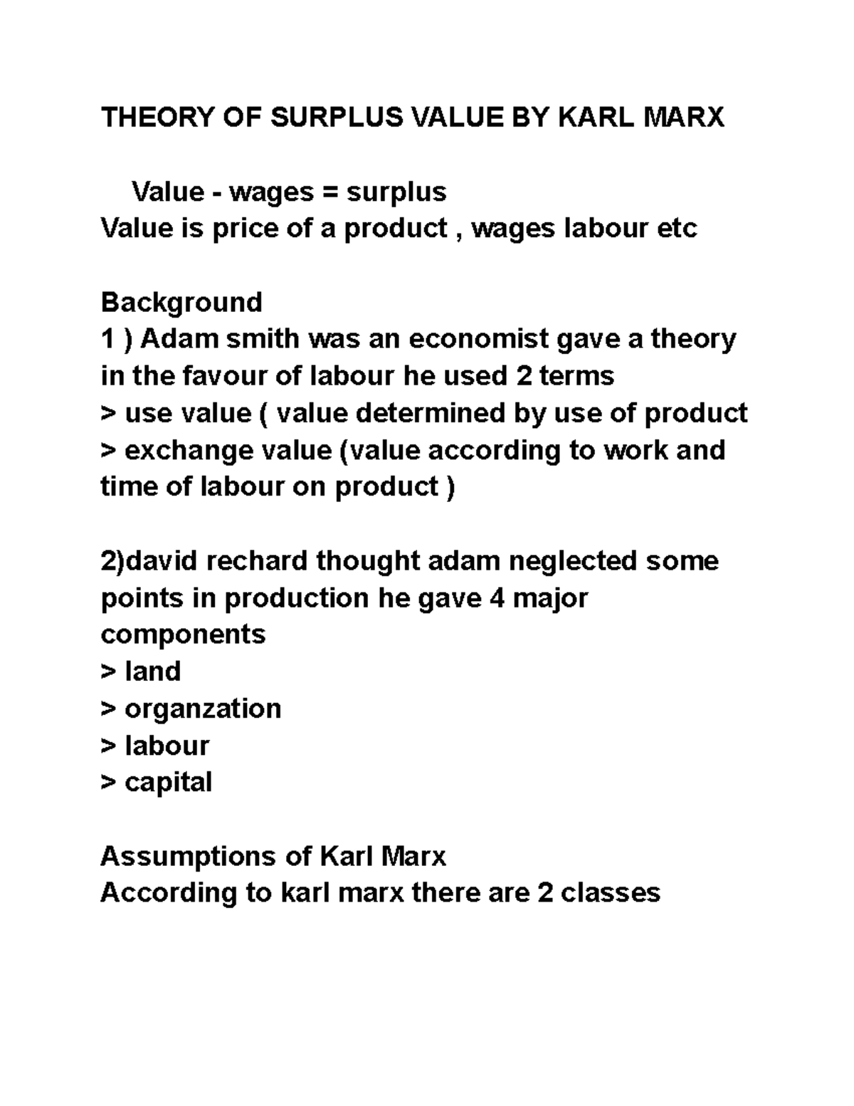 Waqass - outline - THEORY OF SURPLUS VALUE BY KARL MARX Value - wages ...