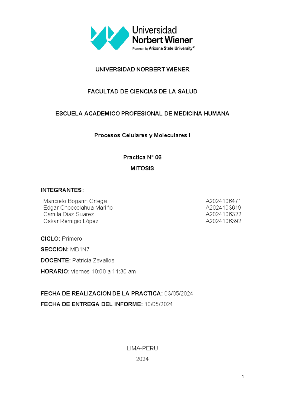 Practica N06 Listo - UNIVERSIDAD NORBERT WIENER FACULTAD DE CIENCIAS DE LA SALUD ESCUELA ...