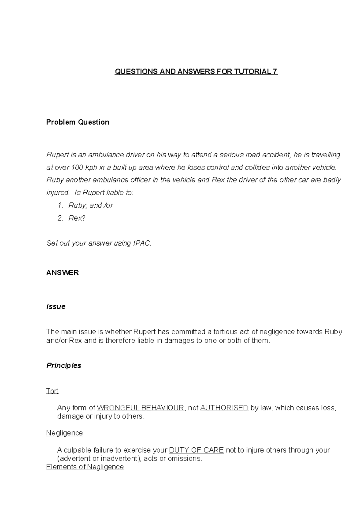 BU 1112 - Tutorial 7 Tort law - QUESTIONS AND ANSWERS FOR TUTORIAL 7 ...