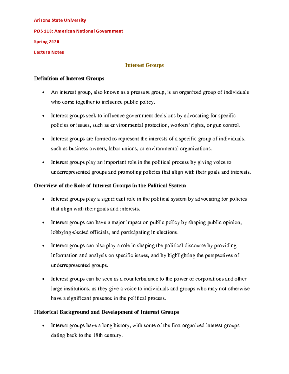 POS 110 Lecture notes 12 Interest Groups - POS 110: American National ...