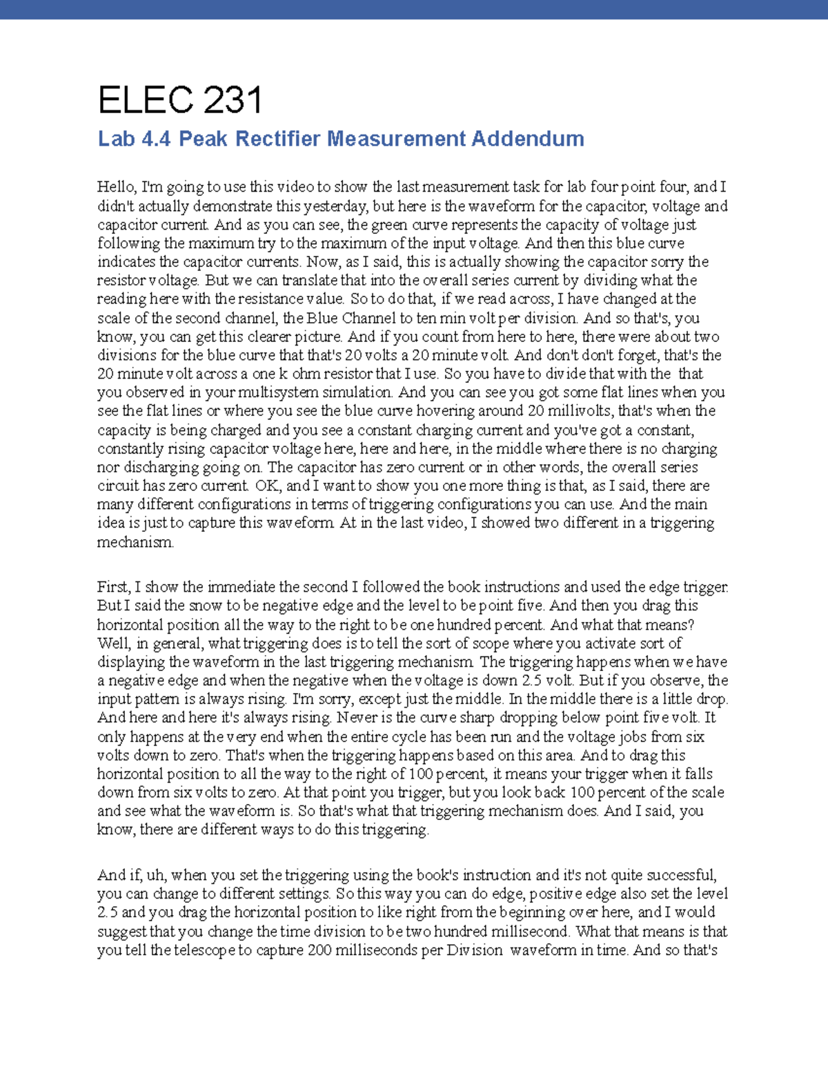 Lab 4.4 Peak Rectifier Measurement Addendum - ELEC 231 Lab 4 Peak ...