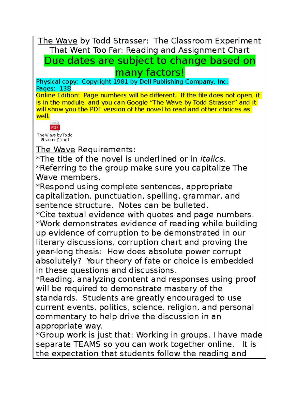The Wave by Todd Strasser Reading and Assignment Chart - The Wave by ...