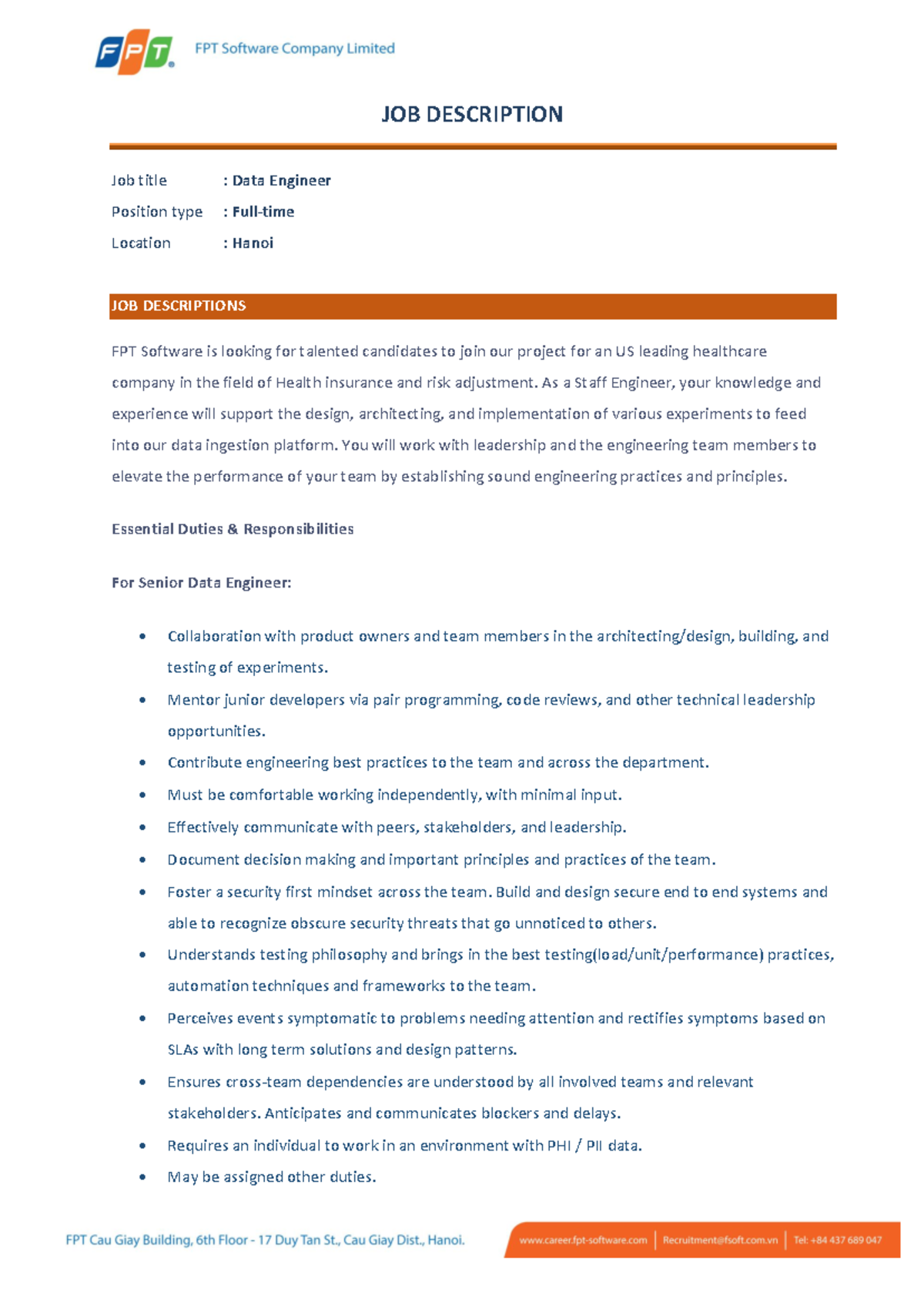 Fsoft-Data-Engineer - JOB DESCRIPTION Job title : Data Engineer ...