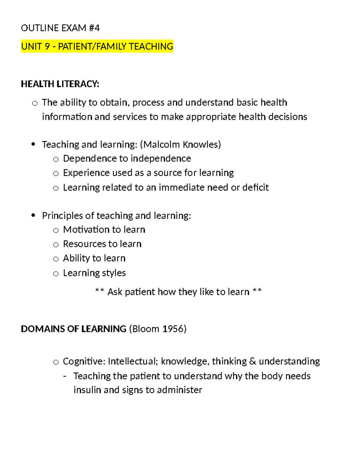 Outline EXAM 4 (1) - OUTLINE EXAM UNIT 9 - PATIENT/FAMILY TEACHING ...
