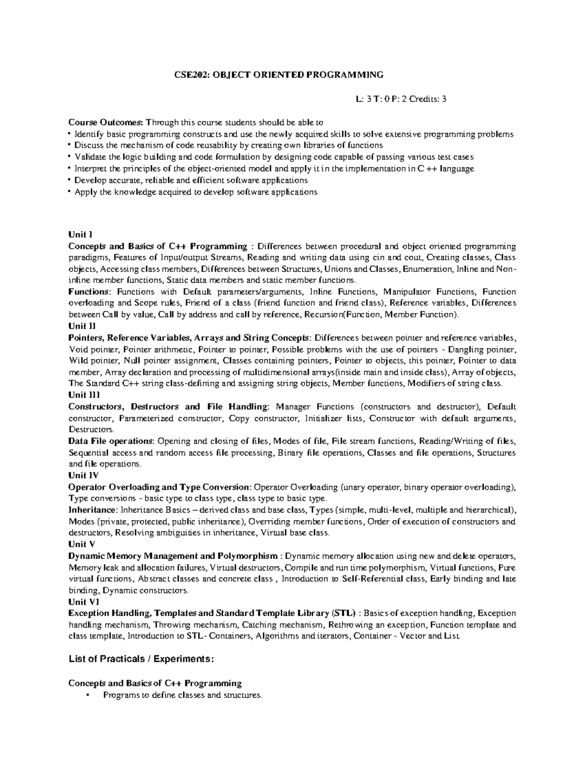 CSE202 syllabus - Hello my world - CSE202: OBJECT ORIENTED PROGRAMMING ...