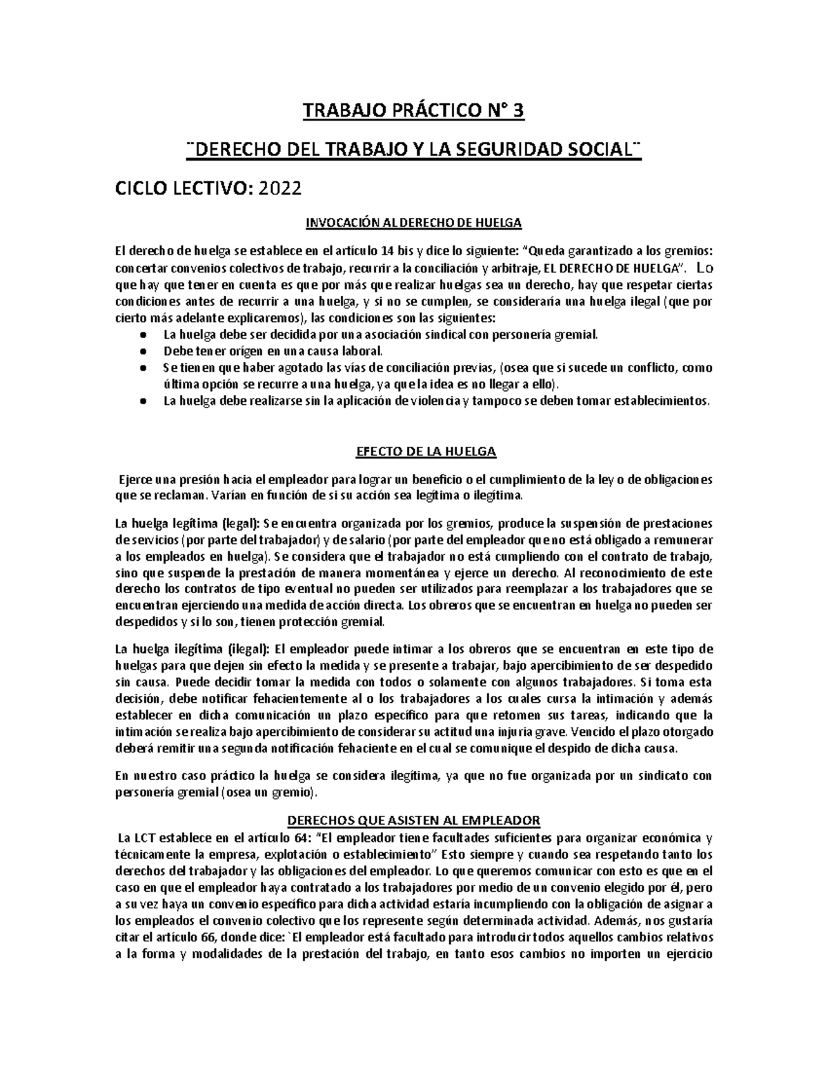 Tp3 - Caso Huelga Call Center - TRABAJO PR¡CTICO N∞ 3 ®DERECHO DEL ...