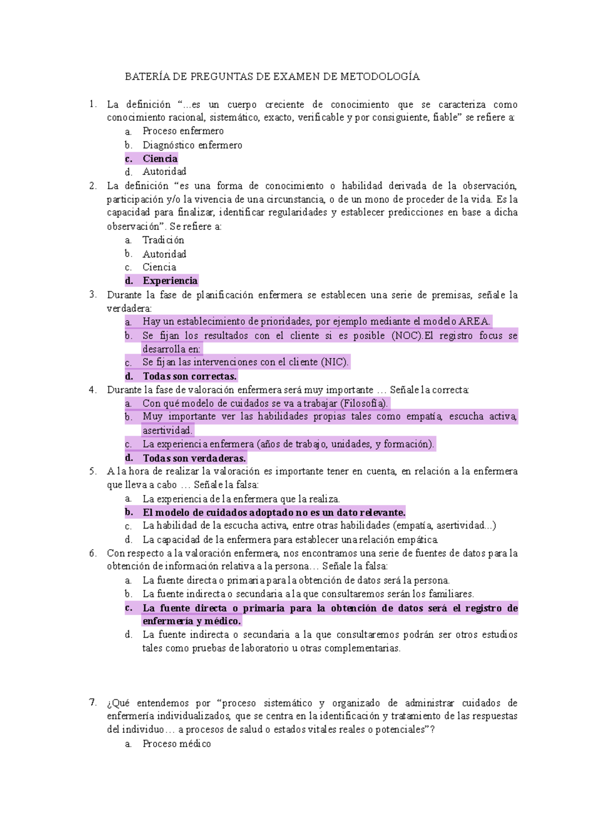 BateríA Preguntas MetodologíA 1er parcial - BATERÍA DE PREGUNTAS DE EXAMEN DE METODOLOGÍA La ...