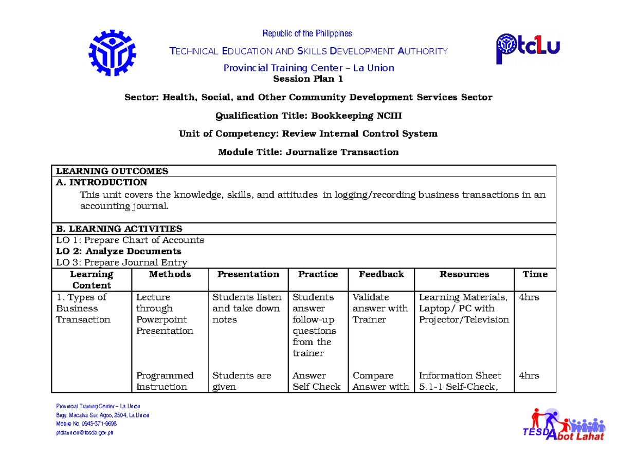 Trainers Methodology I Session Plan for Bookkeeping NCIII - Accounting ...