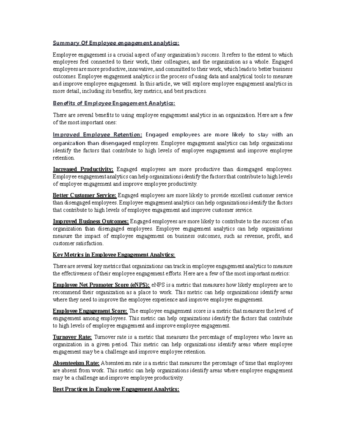 Employee engagement analytics - Summary Of Employee engagement ...