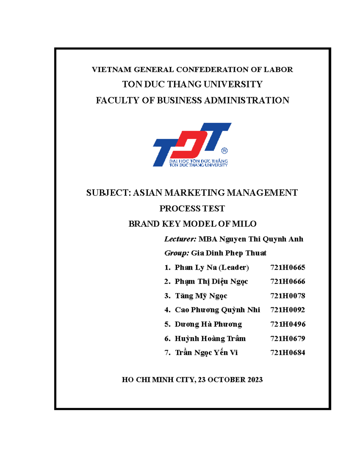 BK-Model-of-MILO - VIETNAM GENERAL CONFEDERATION OF LABOR TON DUC THANG UNIVERSITY FACULTY OF ...