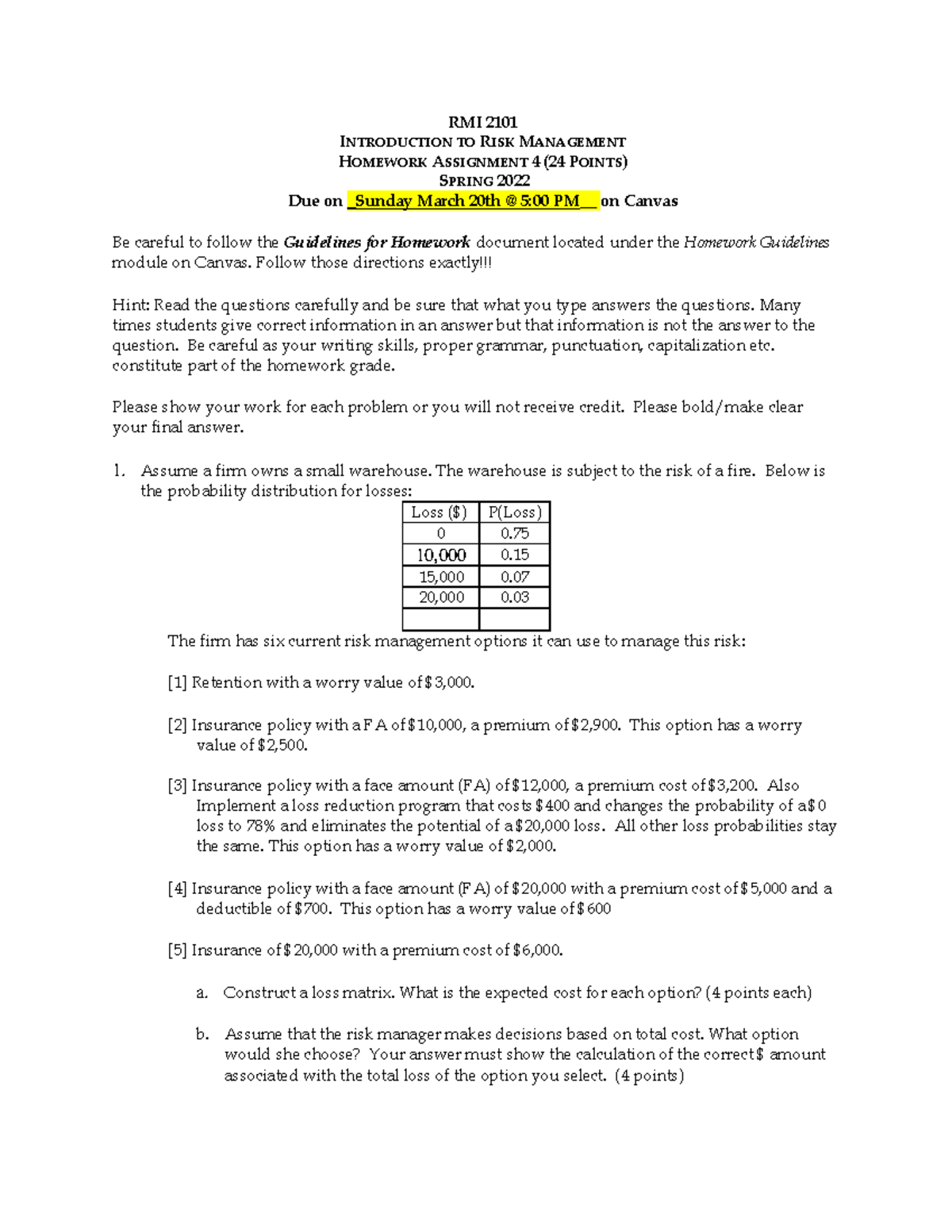 Spring 2022 RMI 2101 Homework #3 - RMI 2101 - Temple University - Studocu