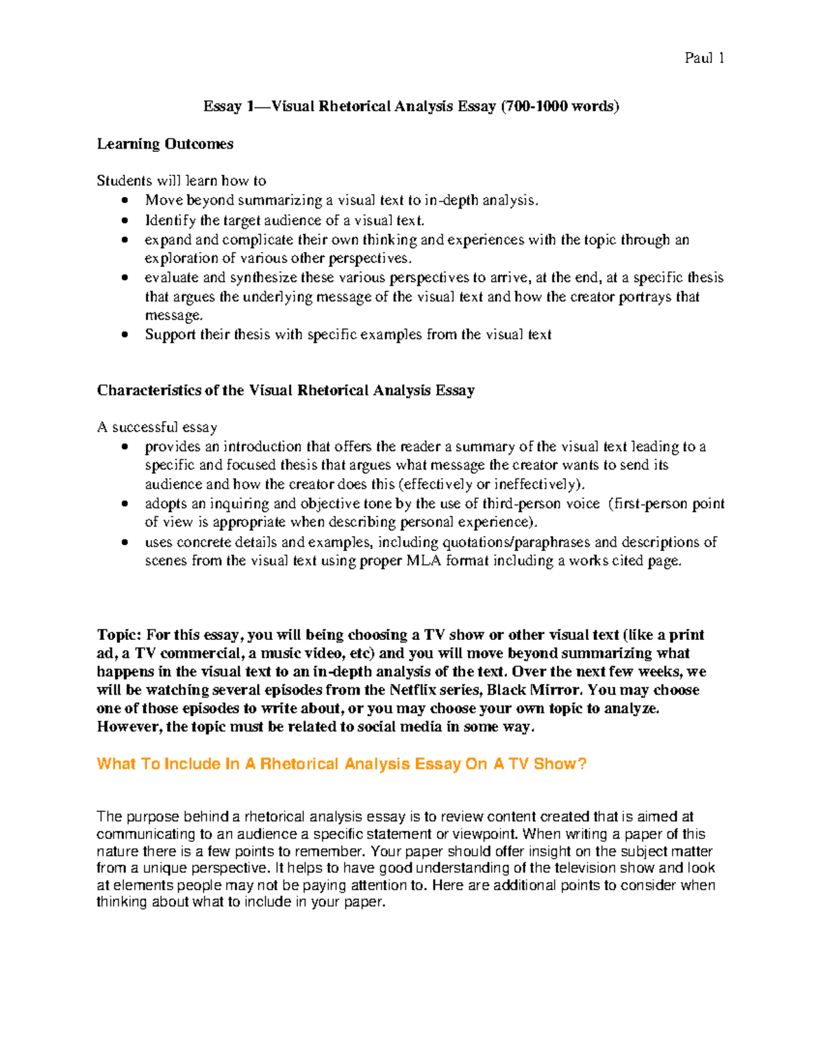 Essay 1 Visual Rhetorical Analysis Essay ENG112-Wb3 - Paul 1 Essay 1 ...