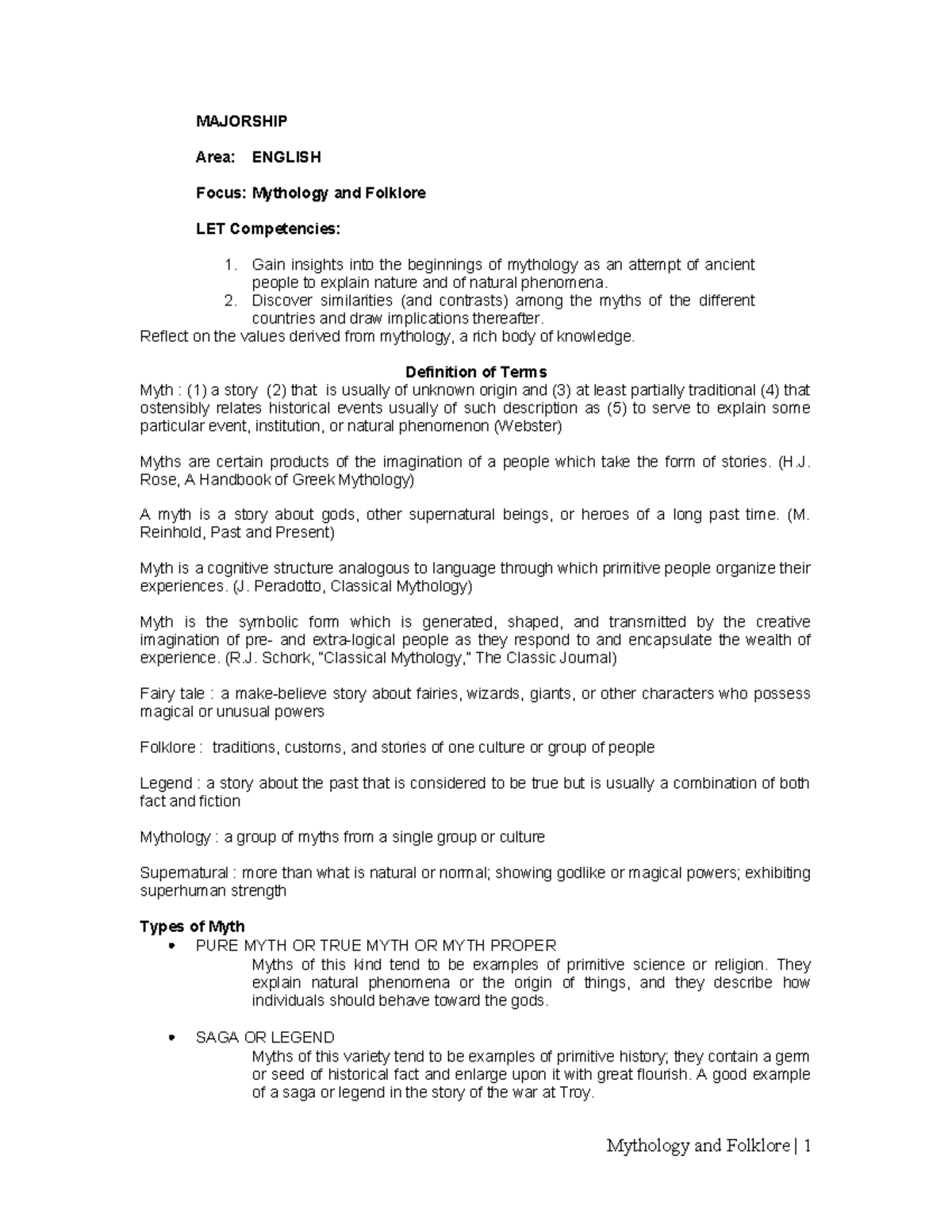 Mythology-and-Folklore - MAJORSHIP Area: ENGLISH Focus: Mythology and ...