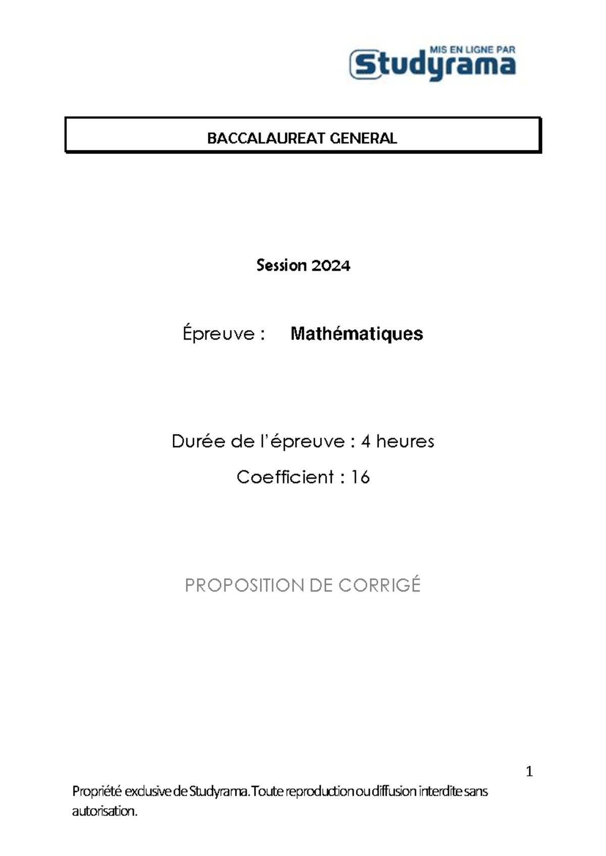 Corrige complet bac Maths 19 juin 2024 - 1 Propriété exclusive de ...