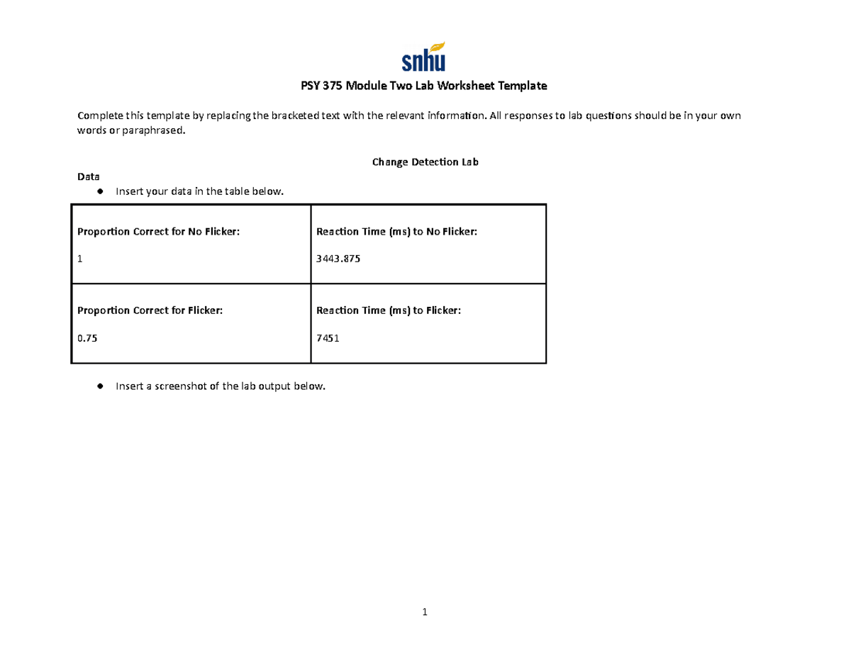 PSY-375 2-2 Module Two Lab Worksheet - All responses to lab questions ...