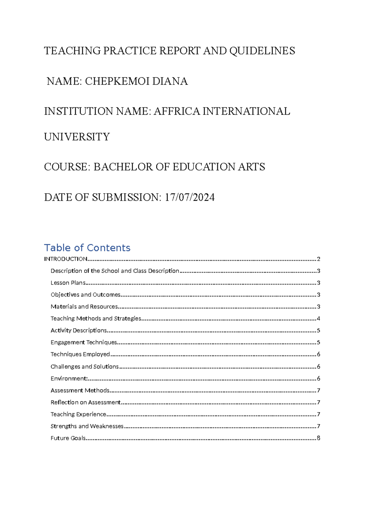 Final Teaching Practice Report AND Quidelines 1 - TEACHING PRACTICE ...