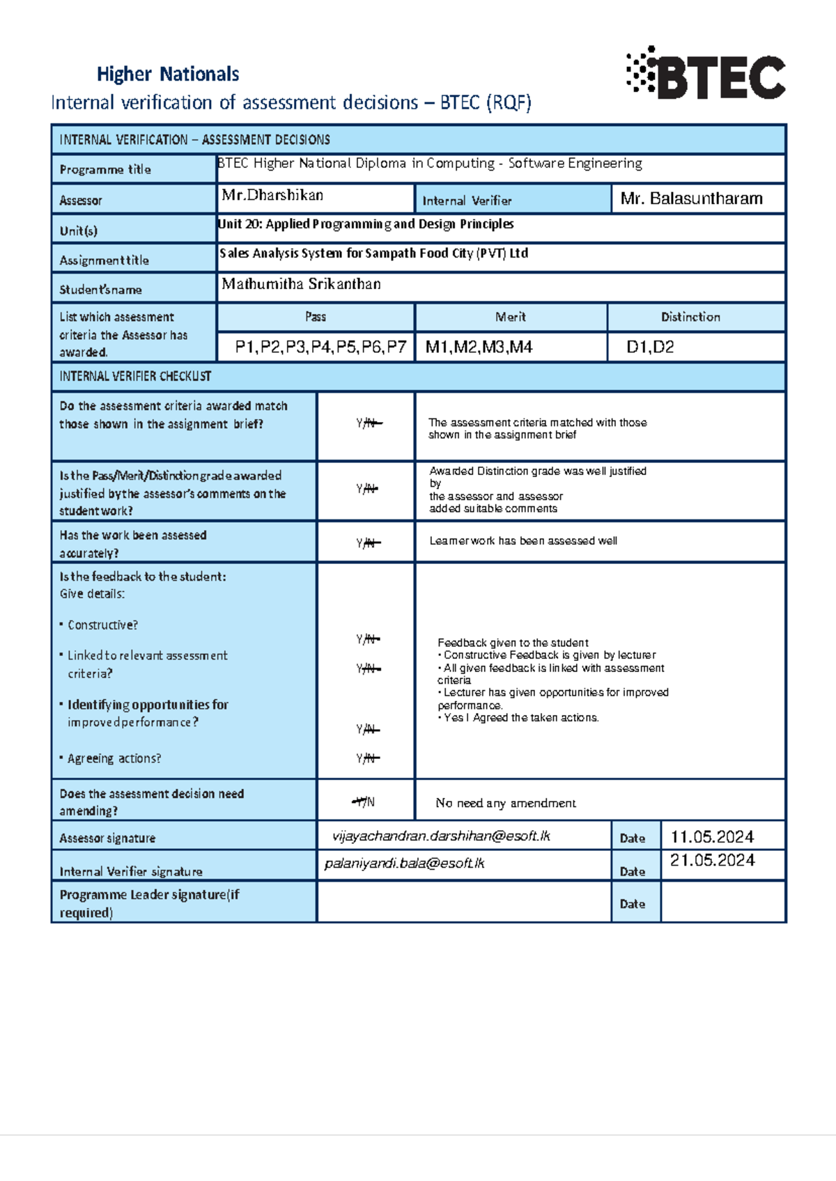Mathumitha APDP - Higher Nationals Internal verification of assessment decisions – BTEC (RQF ...