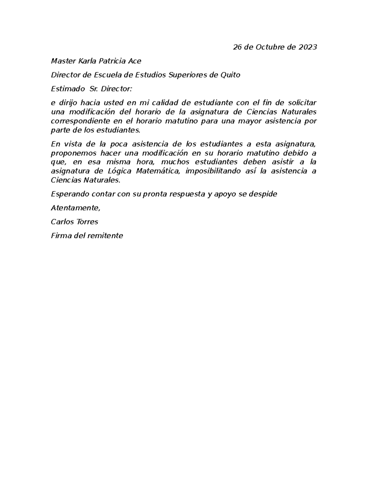 Carta formal para director - 26 de Octubre de 2023 Master Karla ...