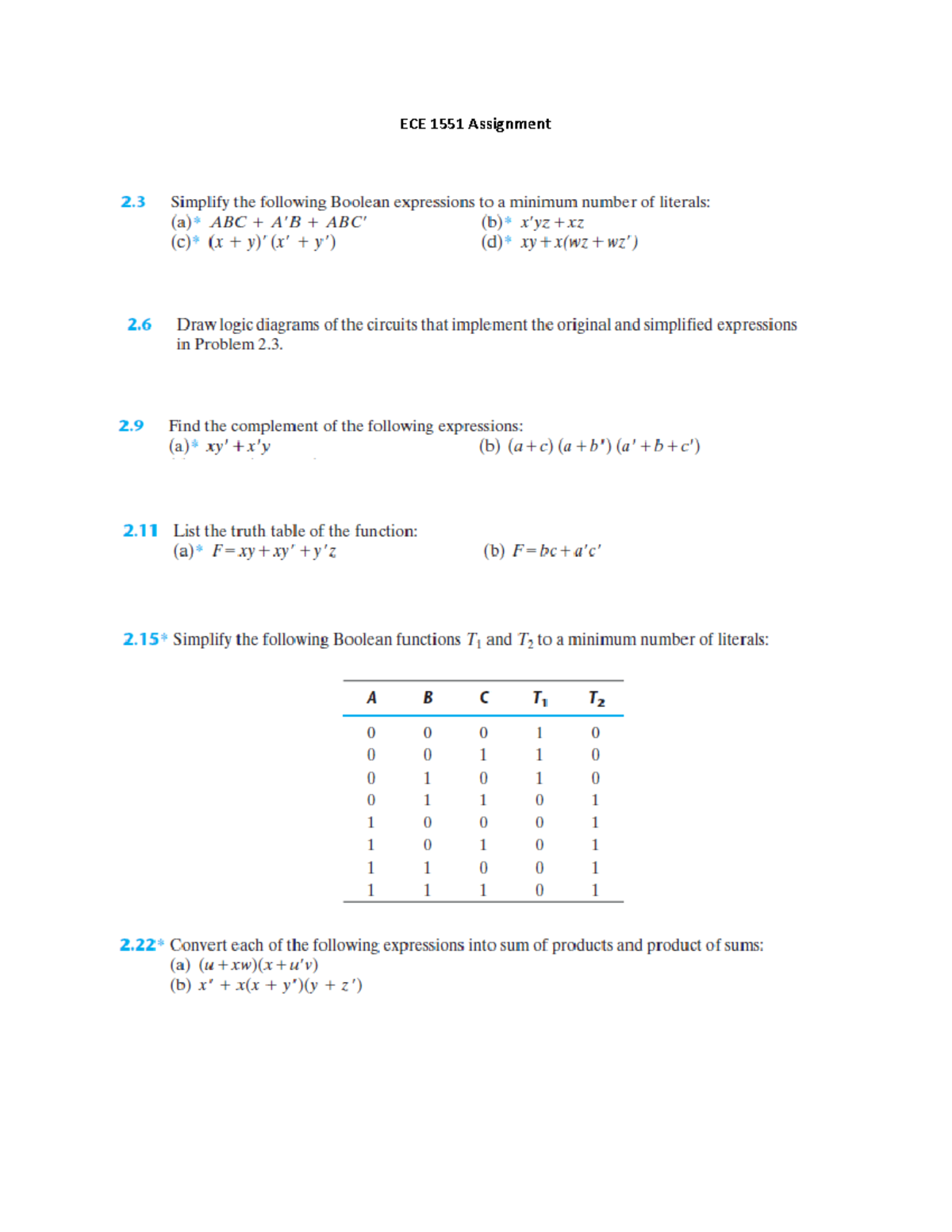 ECE1551 HW2 Boolean Algebra - ECE 1551 - ECE 1551 Assignment - Studocu