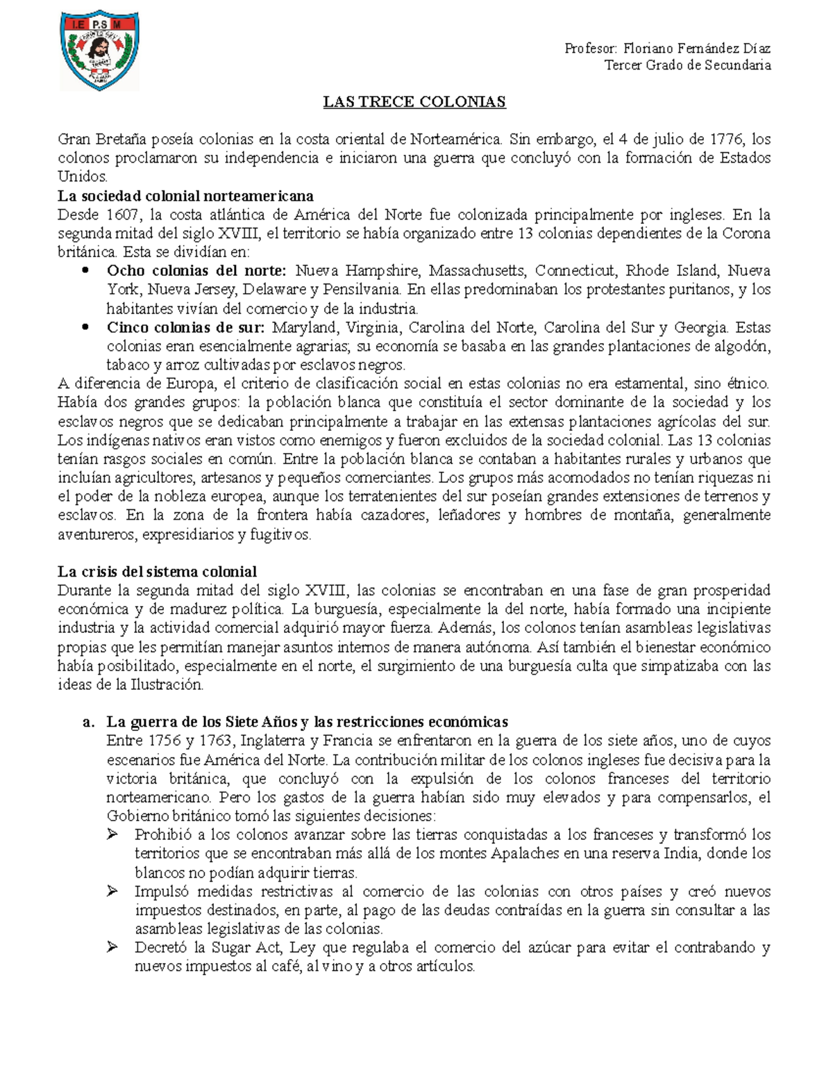 Trece Colonias Tercer Grado - Profesor: Floriano Fernández Díaz Tercer ...