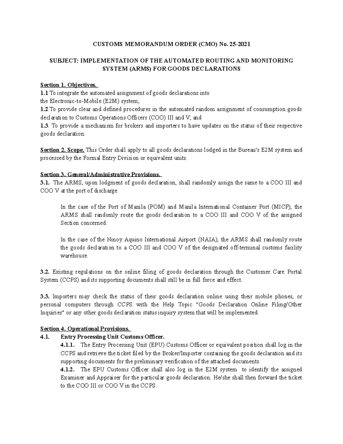 CMO 25 2021 - NONE - CUSTOMS MEMORANDUM ORDER (CMO) No. 25- SUBJECT: IMPLEMENTATION OF THE ...