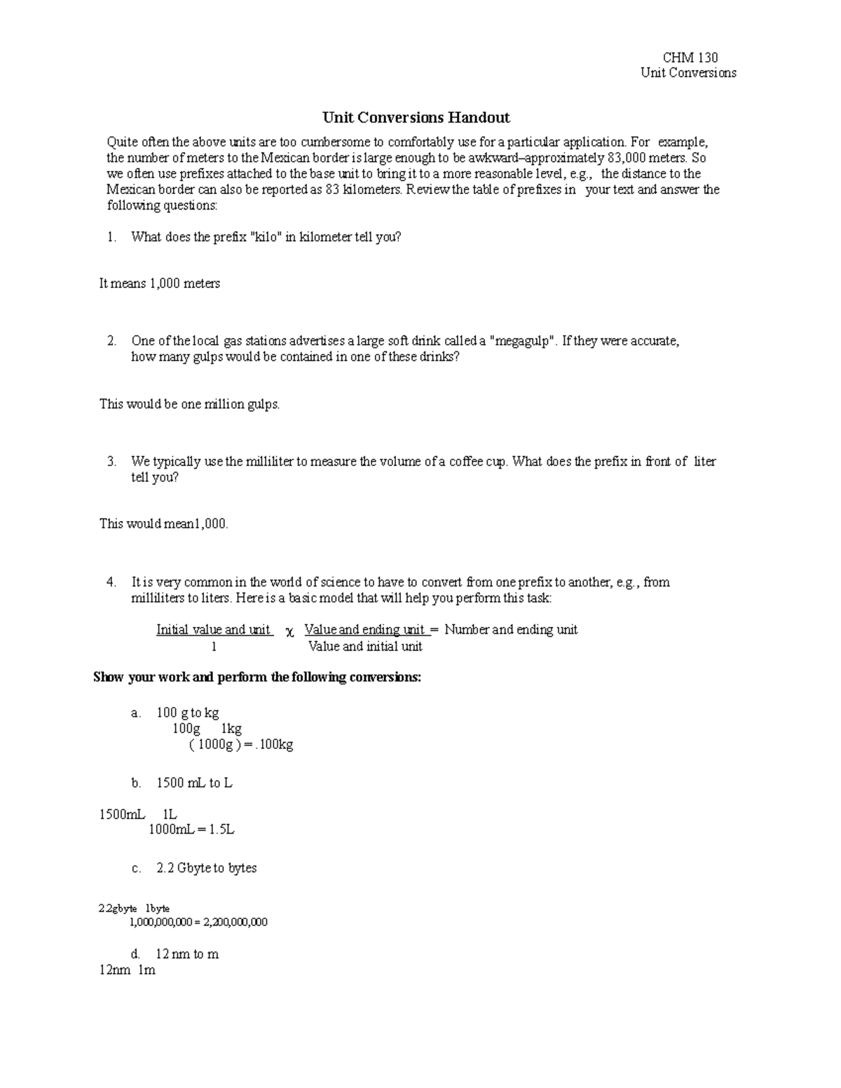 Unit Conversions Worksheet - Unit Conversions Handout Quite often the ...