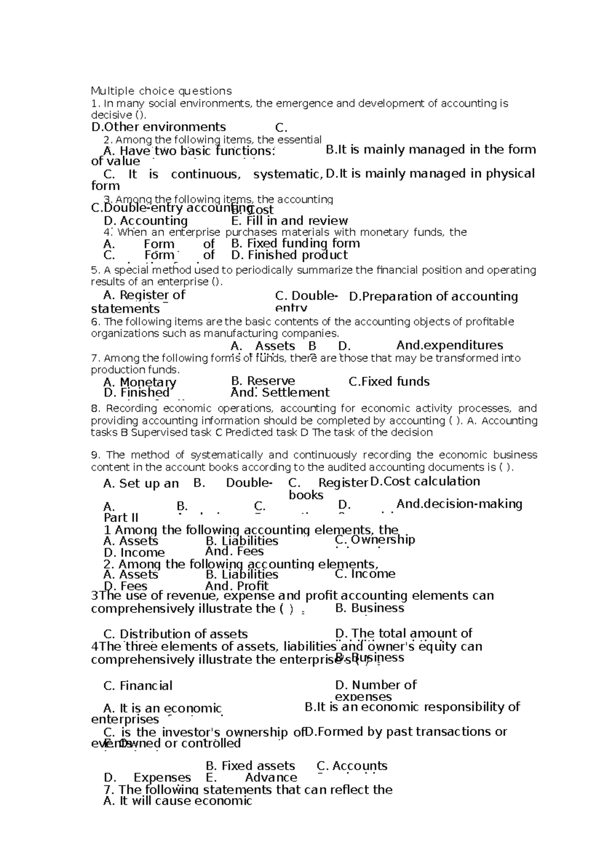 Multiple Choice Questions on Accounting Elements and Accounting ...