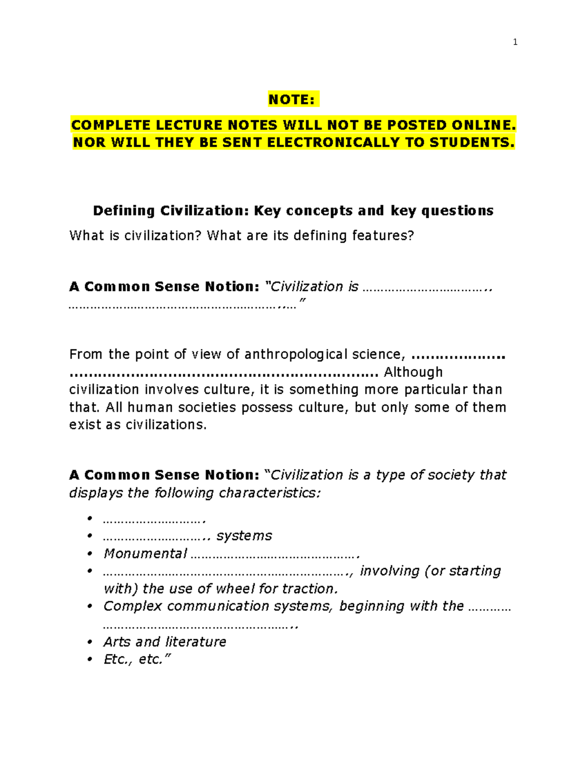 Class 1A - Introduction - NOTE: COMPLETE LECTURE NOTES WILL NOT BE ...