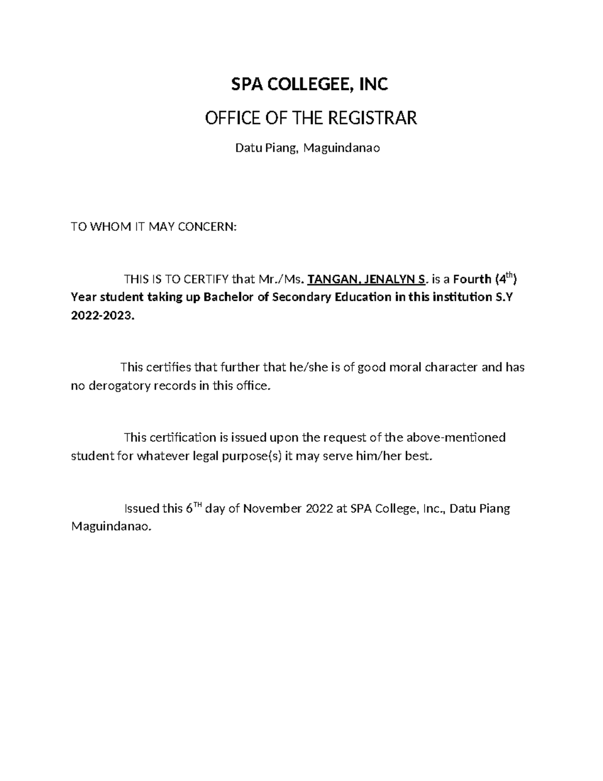 GOOD Moral - FIRST GRADING - SPA COLLEGEE, INC OFFICE OF THE REGISTRAR ...