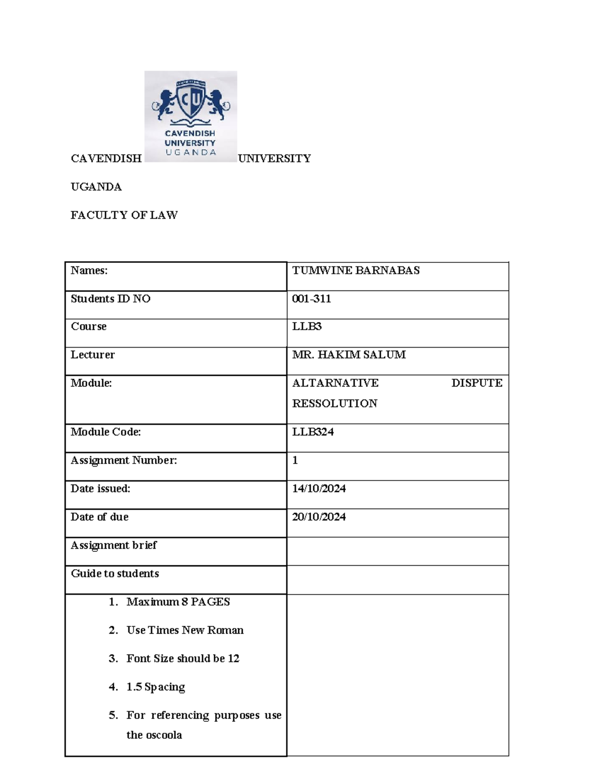 ADR CAT 1 - Essay - CAVENDISH UNIVERSITY UGANDA FACULTY OF LAW Names ...