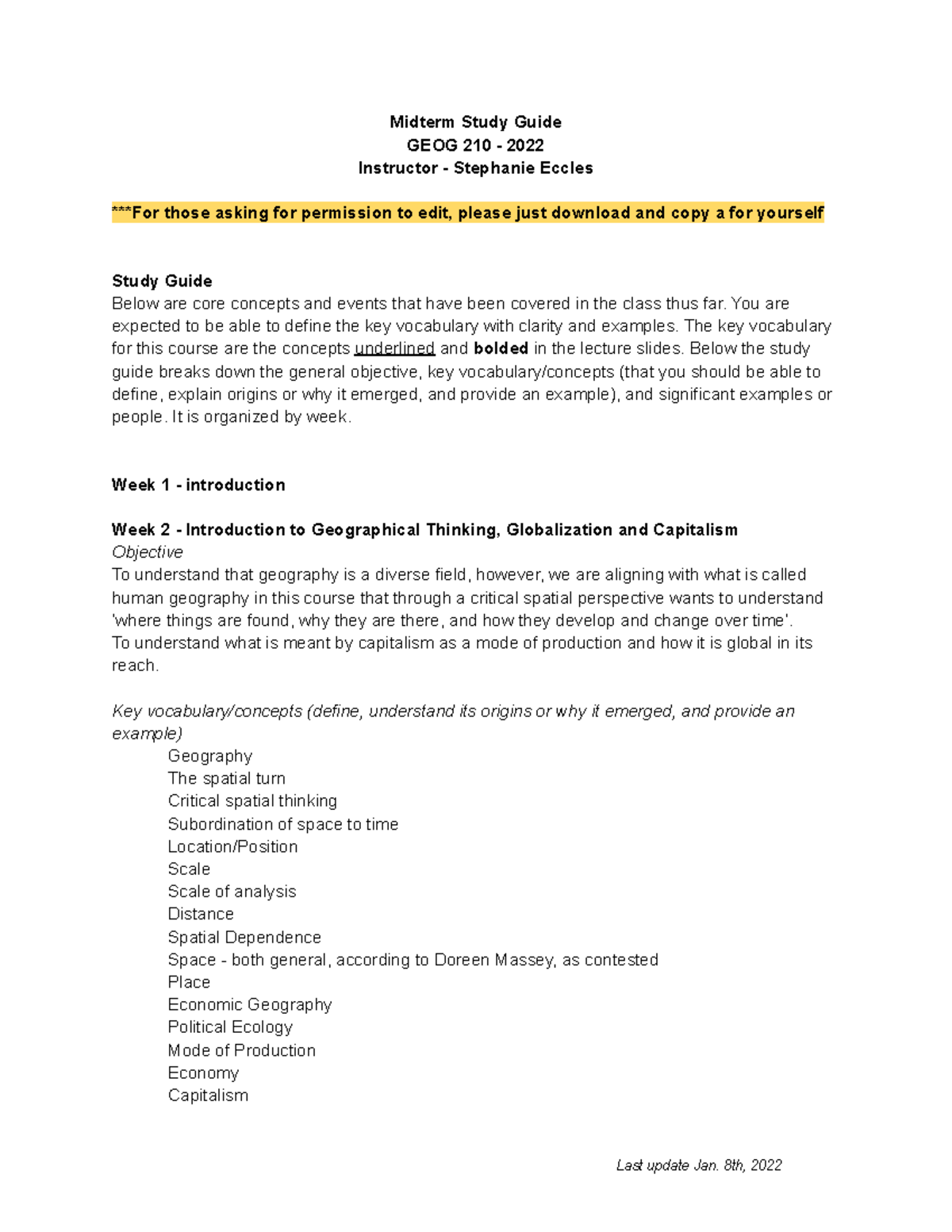 GEOG 210 Study Guide - Midterm Study Guide GEOG 210 - 2022 Instructor ...