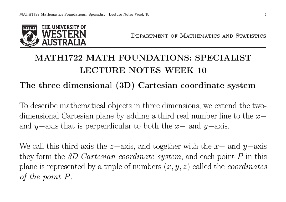 Lecture notes week 10 - 3d vectors - Department of Mathematics and ...
