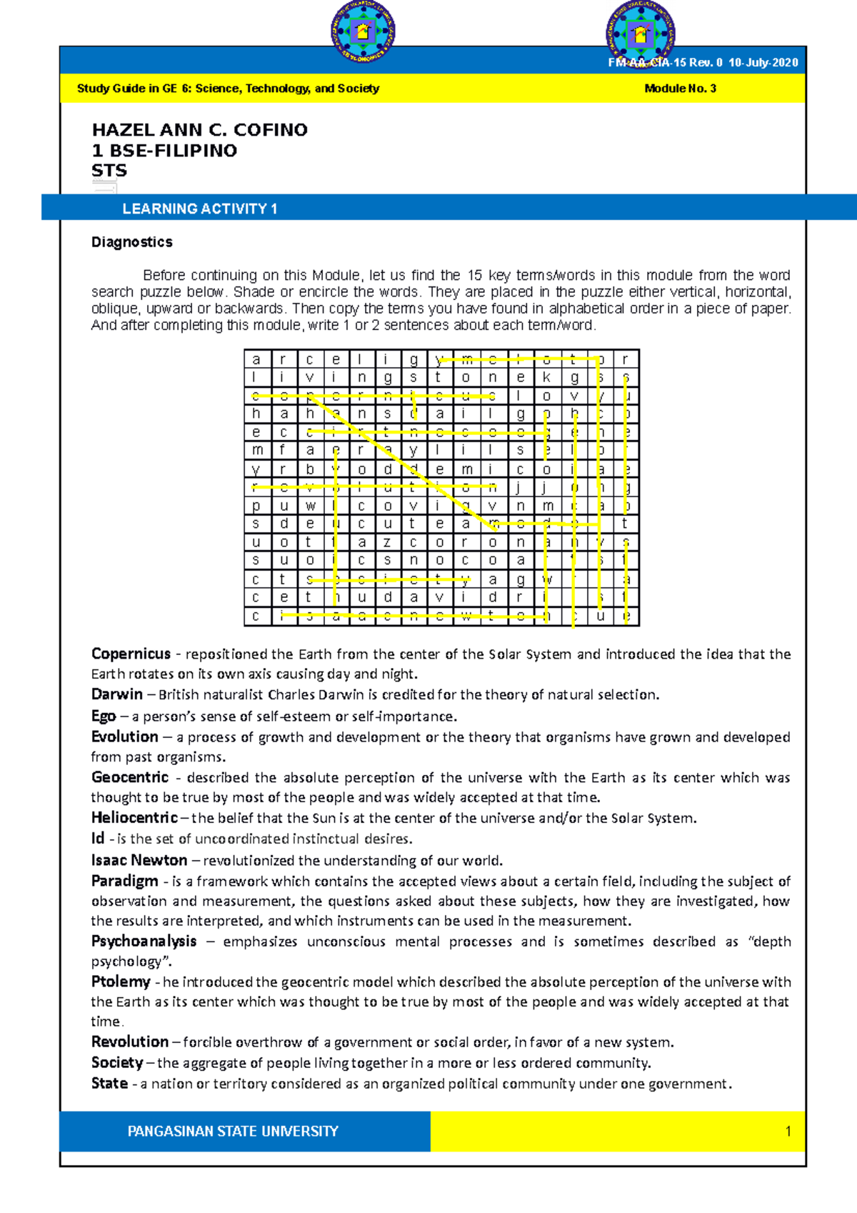 Activity 3 STS Hazel Cofino - HAZEL ANN C. COFINO 1 BSE-FILIPINO STS LEARNING ACTIVITY 1 ...