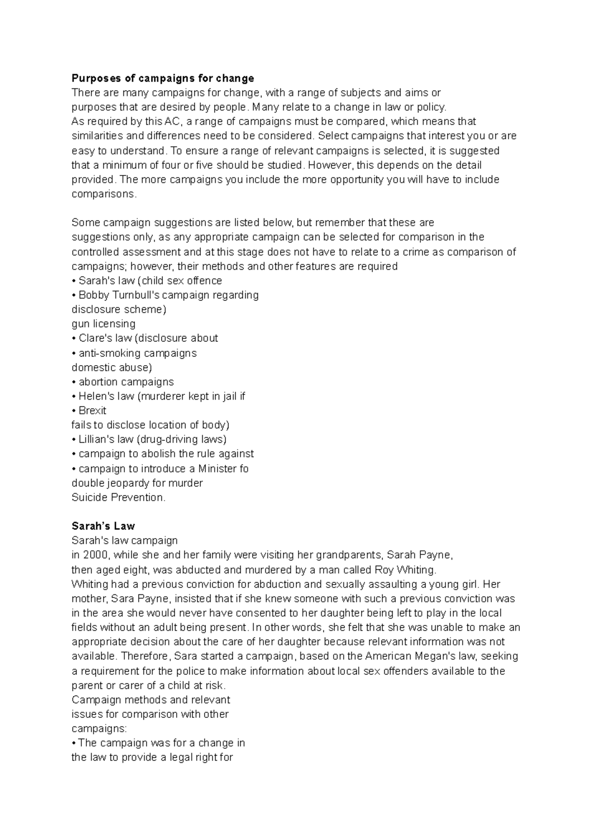 2 - unit 1 2.1 notes - Purposes of campaigns for change There are many ...