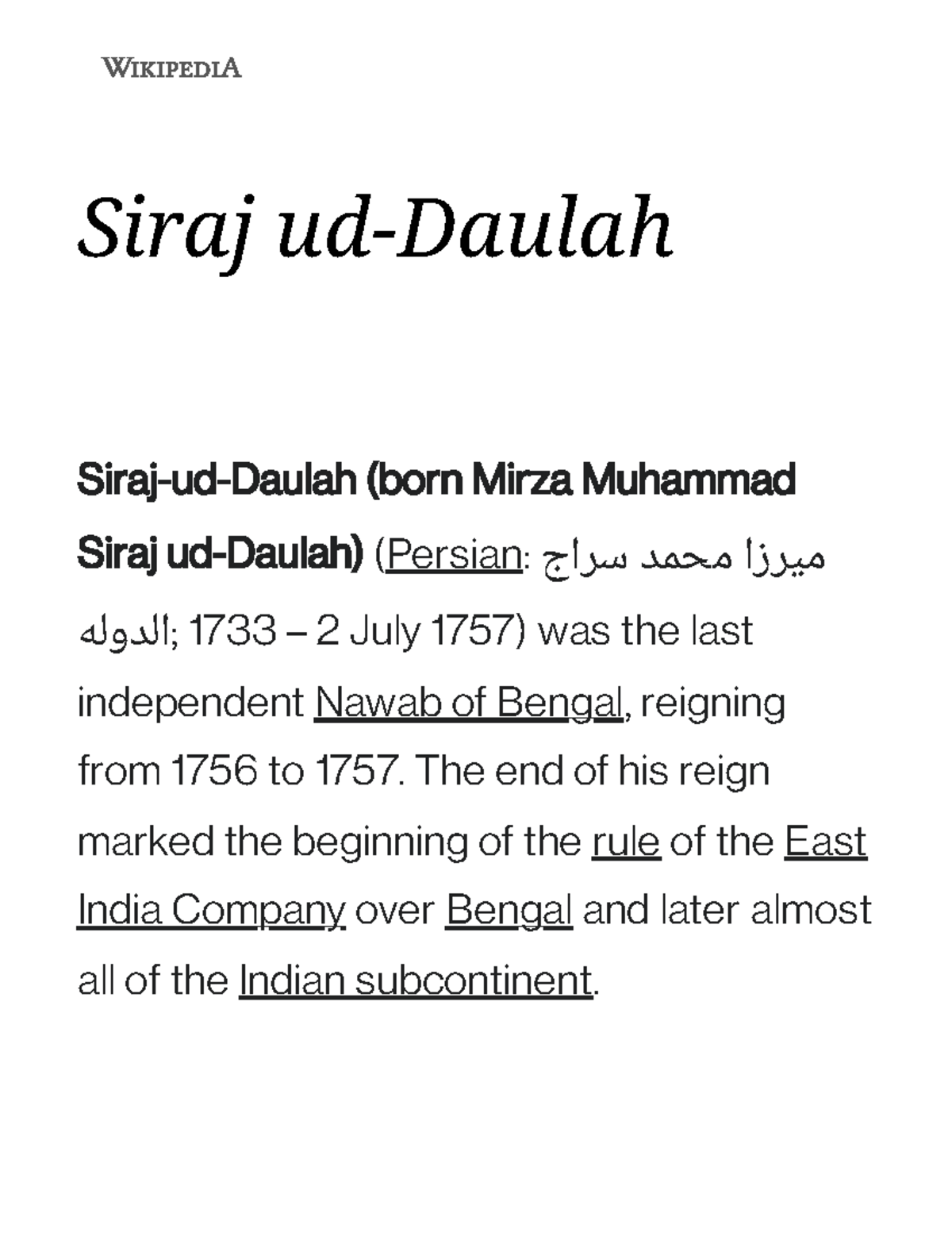 Siraj ud-Daulah - Wikipedia - Siraj ud-Daulah Siraj-ud-Daulah (born ...