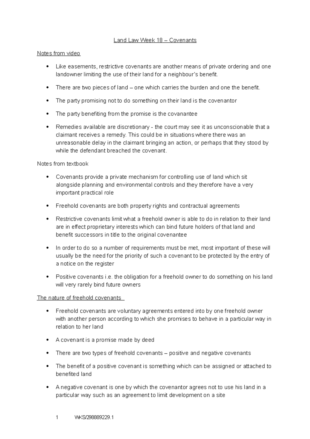 Land Law Covenants - Land Law Week 18 – Covenants Notes from video Like ...