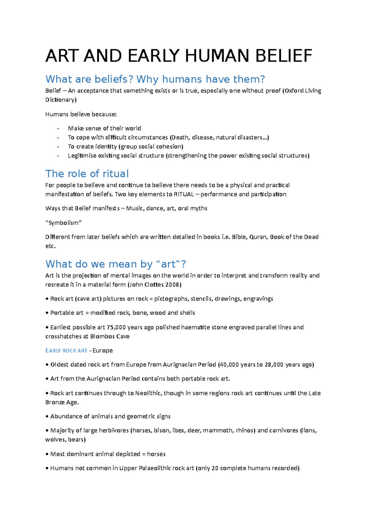 PPP W3 - Lecture notes 3 - ART AND EARLY HUMAN BELIEF What are beliefs ...