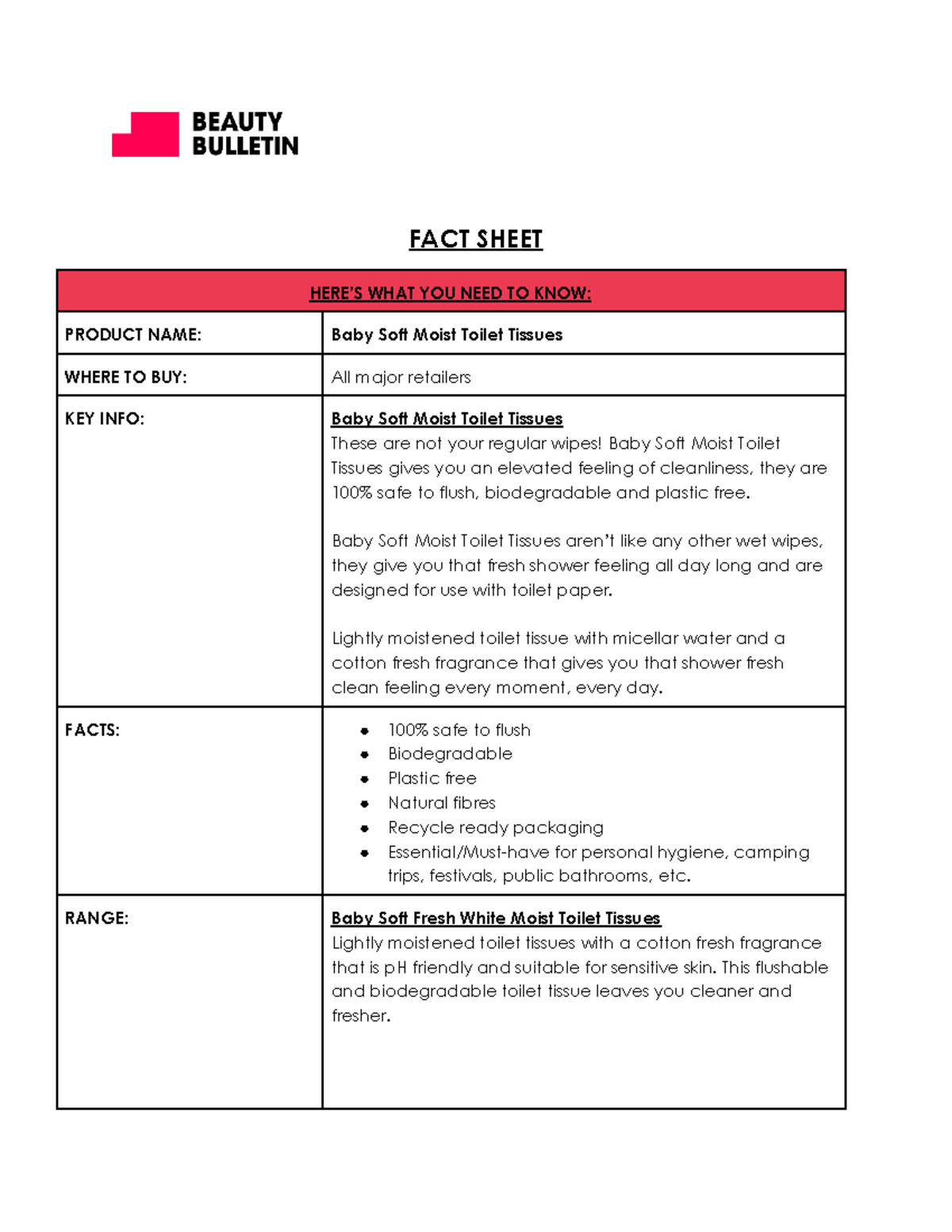 Baby Soft Moist Toilet Tissue Fact Sheet - FACT SHEET HERE’S WHAT YOU ...