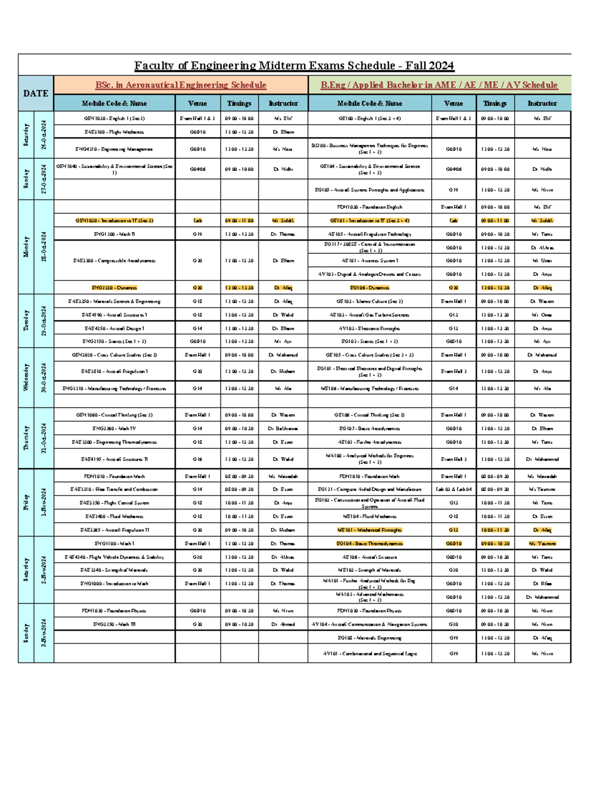FOE Midterm Exam Schedule V3 - Fall 2024 - Module Code & Name Venue Timings Instructor Module ...