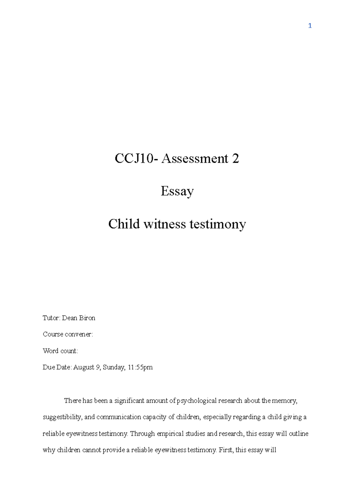 CCJ10 Essay child witness testimony - CCJ10- Assessment 2 Essay Child ...