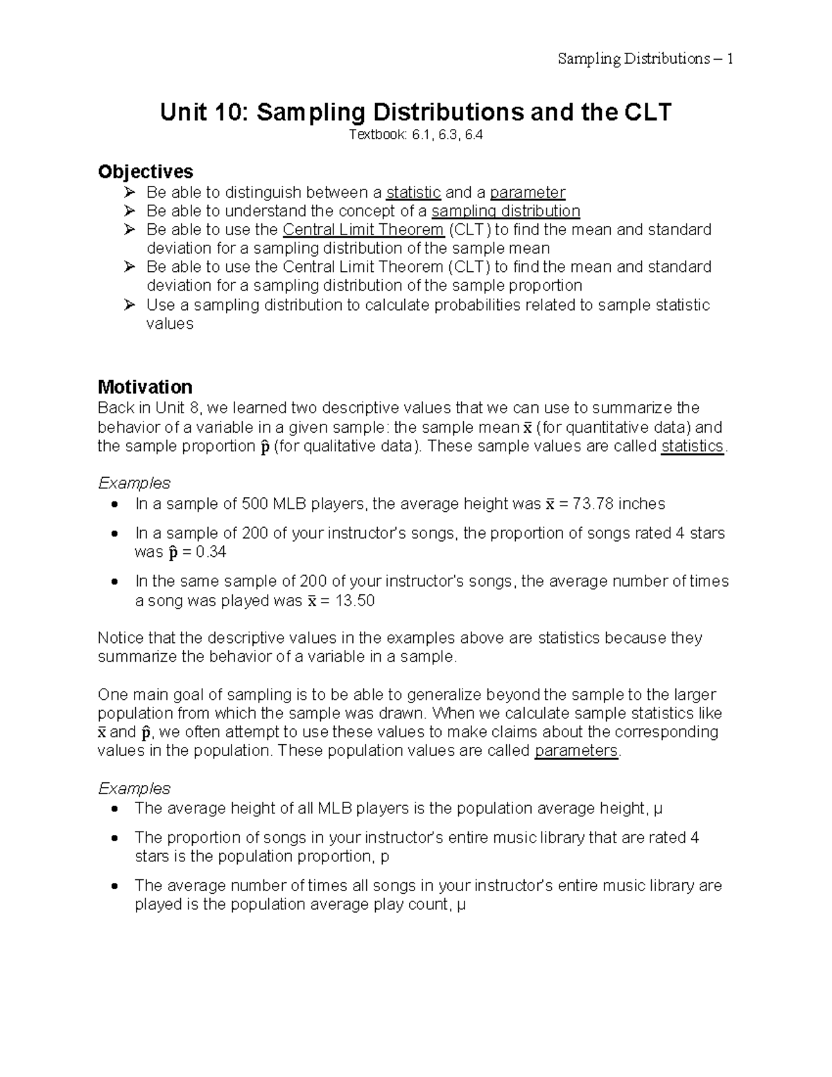 Unit 10 - Sampling Distributions and the CLT - These sample values are ...