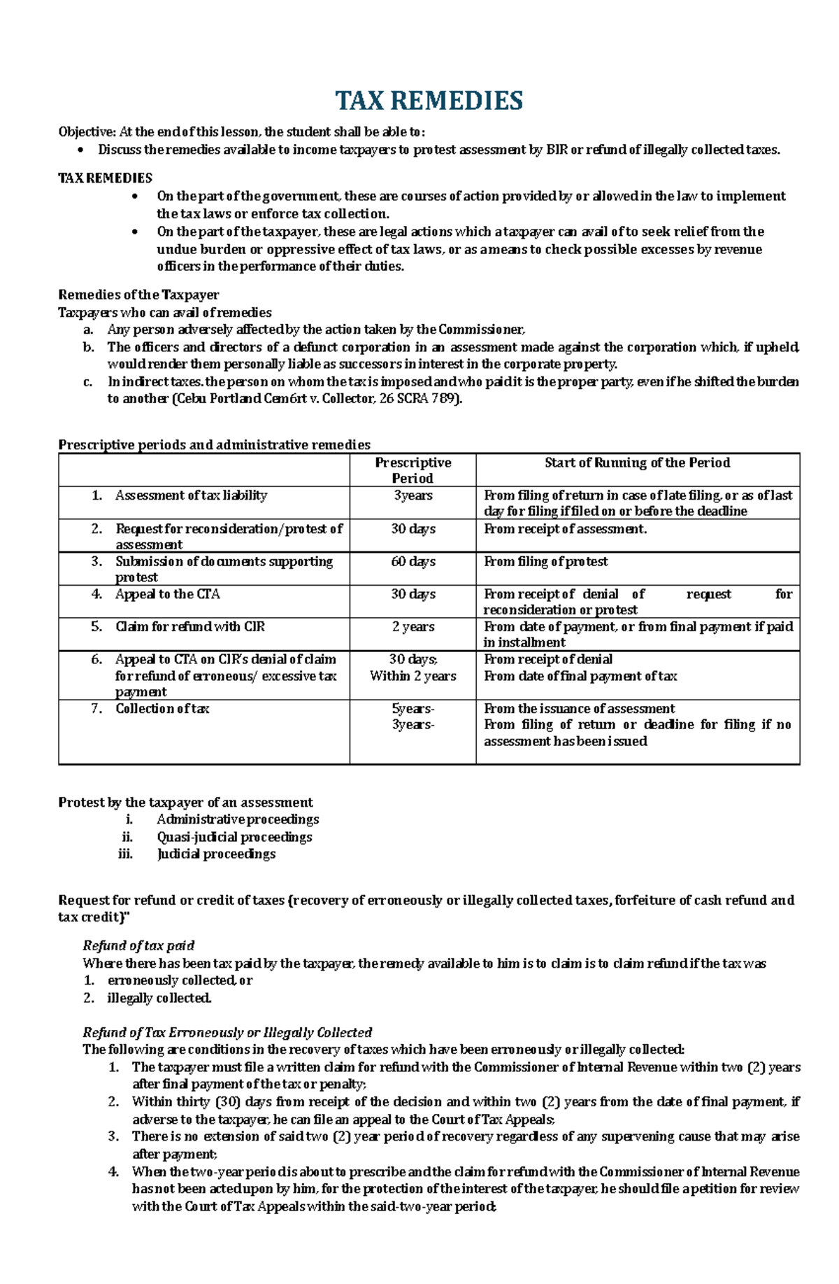 Tax Remedies - Taxpayer - TAX REMEDIES Objective: At the end of this ...