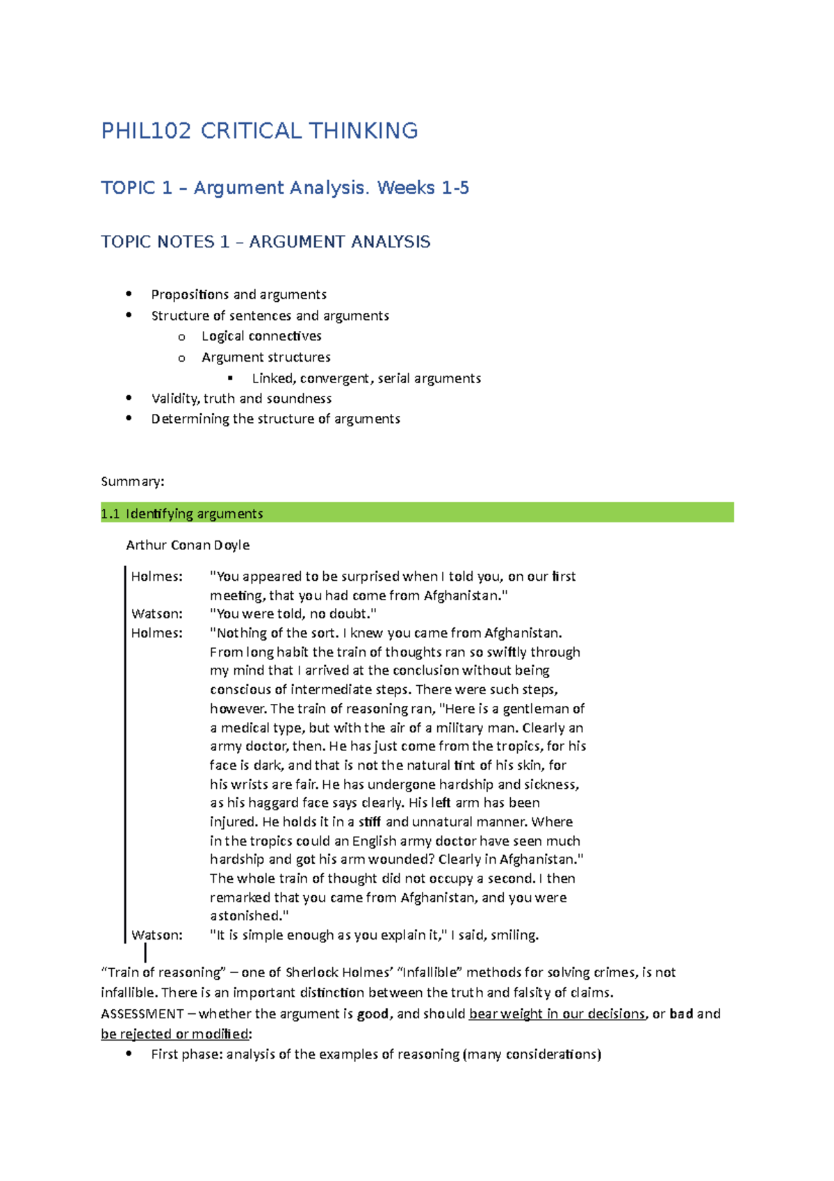 Topic Notes 1 – Argument Analysis - PHIL102 CRITICAL THINKING TOPIC 1 ...