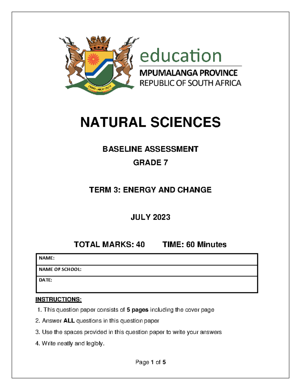 Grade 7 TERM 3 NST Baseline Assessment 2023 Edited - NATURAL SCIENCES ...