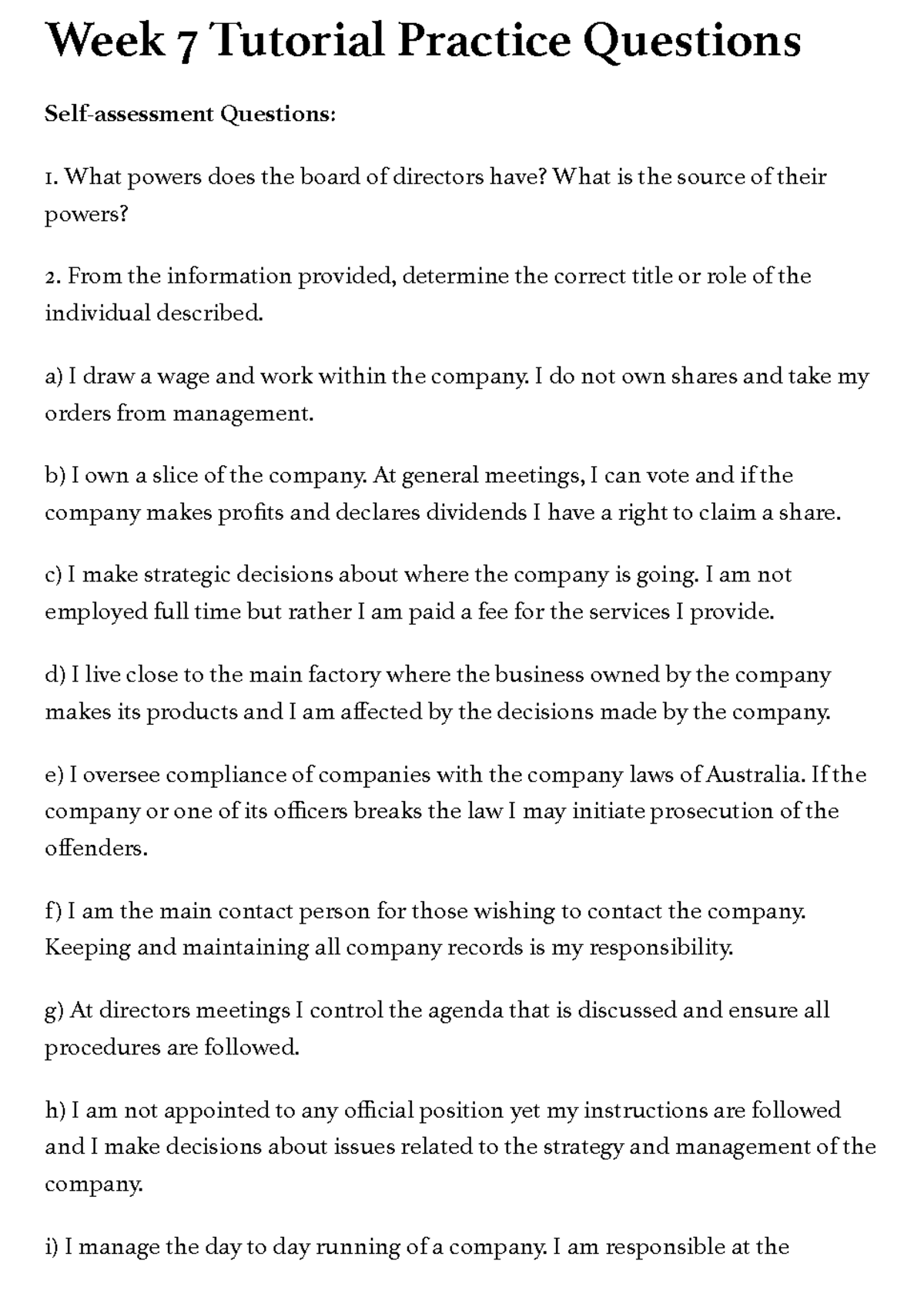 Week 7 Tutorial Practice Questions - Week 7 Tutorial Practice Questions Self-assessment ...