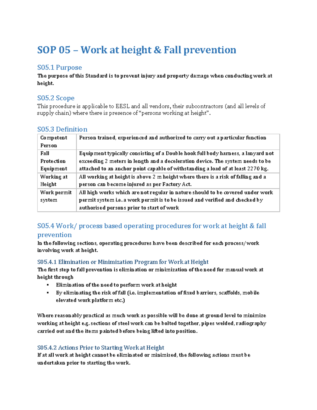SOP 05 - Work at height & Fall prevention - SOP 05 – Work at height & Fall prevention S05 - Studocu