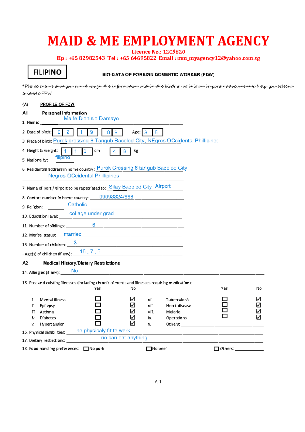 Filipino Biodata Form-4 - MAID & ME EMPLOYMENT AGENCY Licence No.: 12C ...