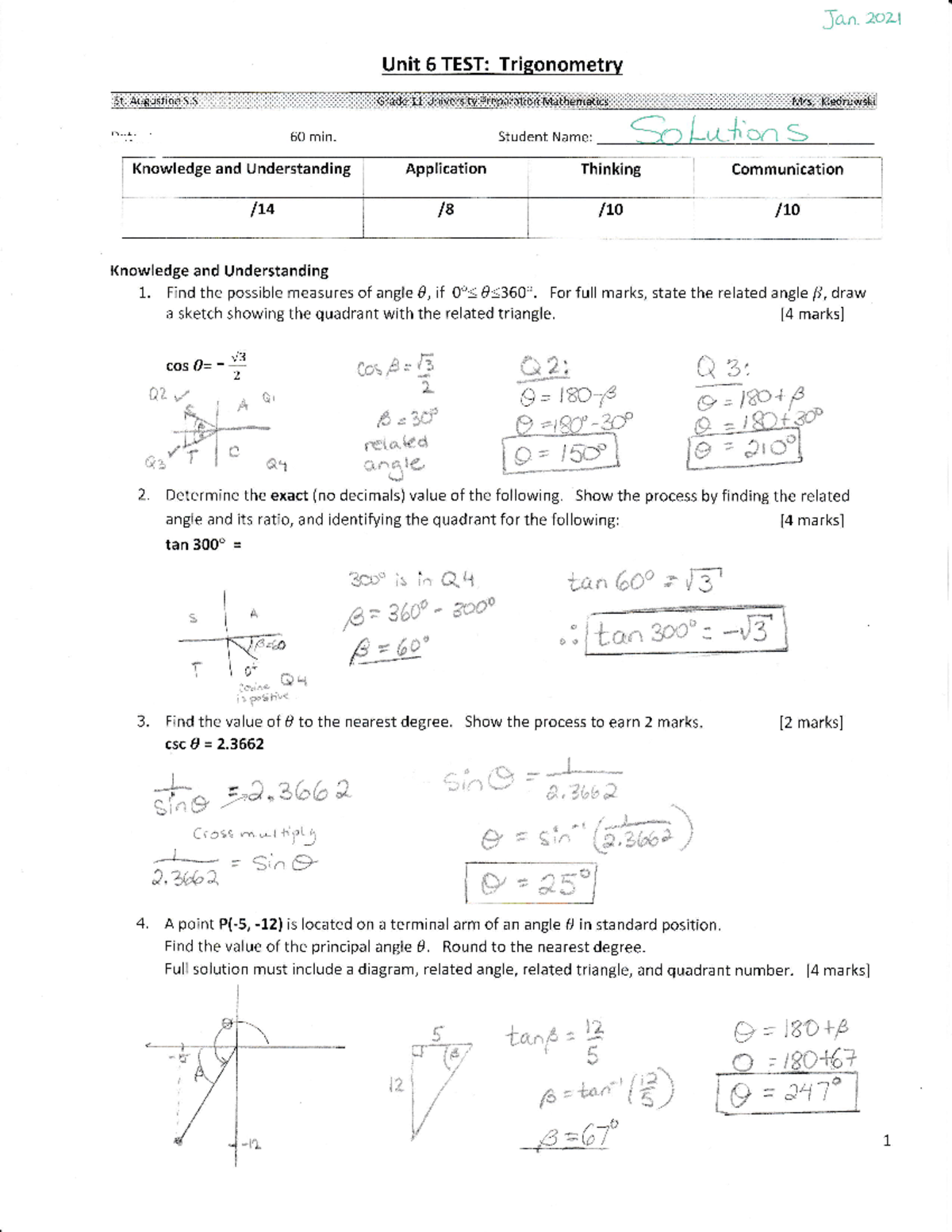 Unit 6 - prac - Jan Unit 6 TEST: Trigonometrv student Name: S- / *-ton ...