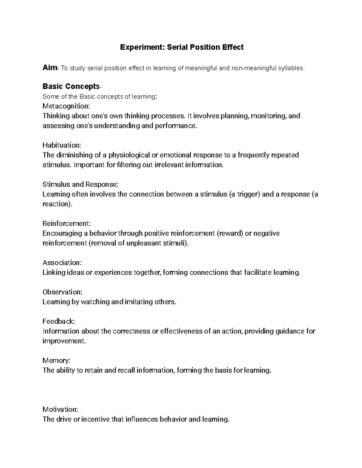 Experimental psy 1 - Experiment: Serial Position Effect Aim- To study ...