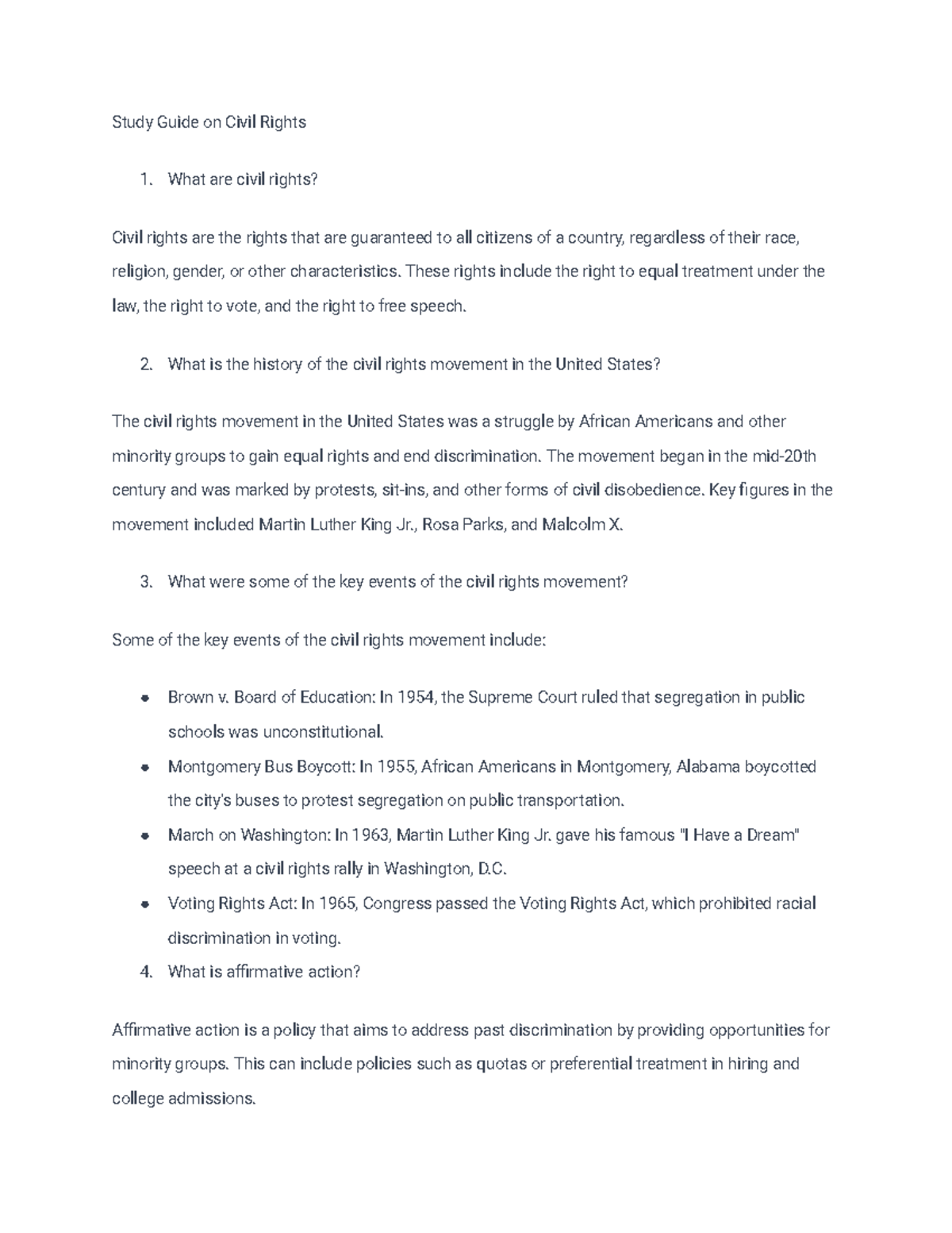 Civil rights - study guide - Study Guide on Civil Rights What are civil ...